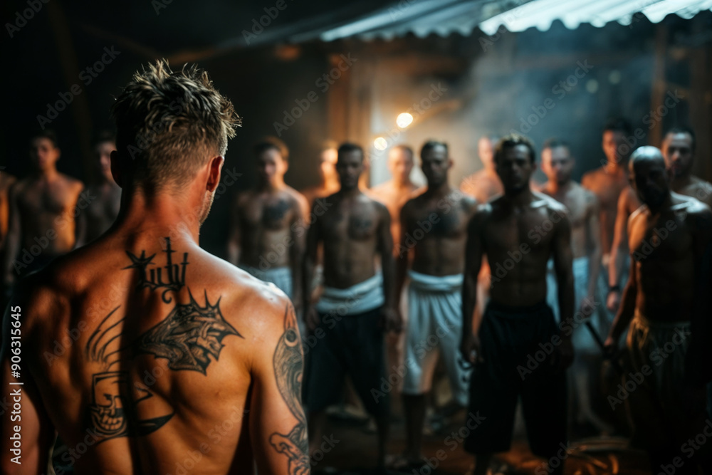Tattooed man with short hair facing a group of shirtless men in a dimly ...