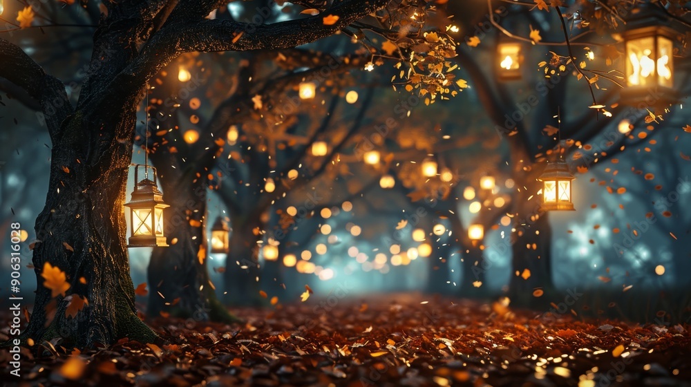 Realistic photo of lantern lit tree crowns with falling leaves in a ...