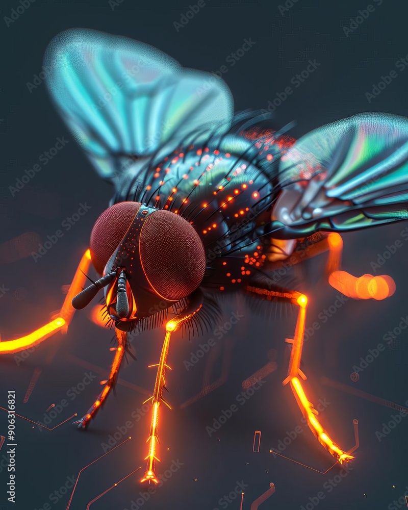 Artistic rendering of a blow fly with glowing particles around its body ...