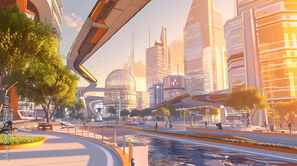 Futuristic city designed with universal design principles providing ...