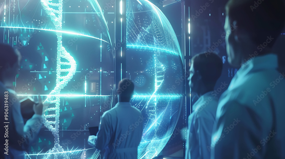 Futuristic genetics conference with holographic displays of chromosomes ...