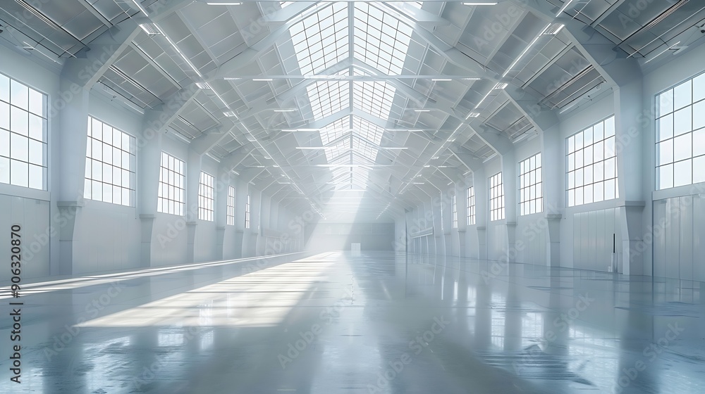 Huge empty industrial warehouse building White interior Hemispherical ...