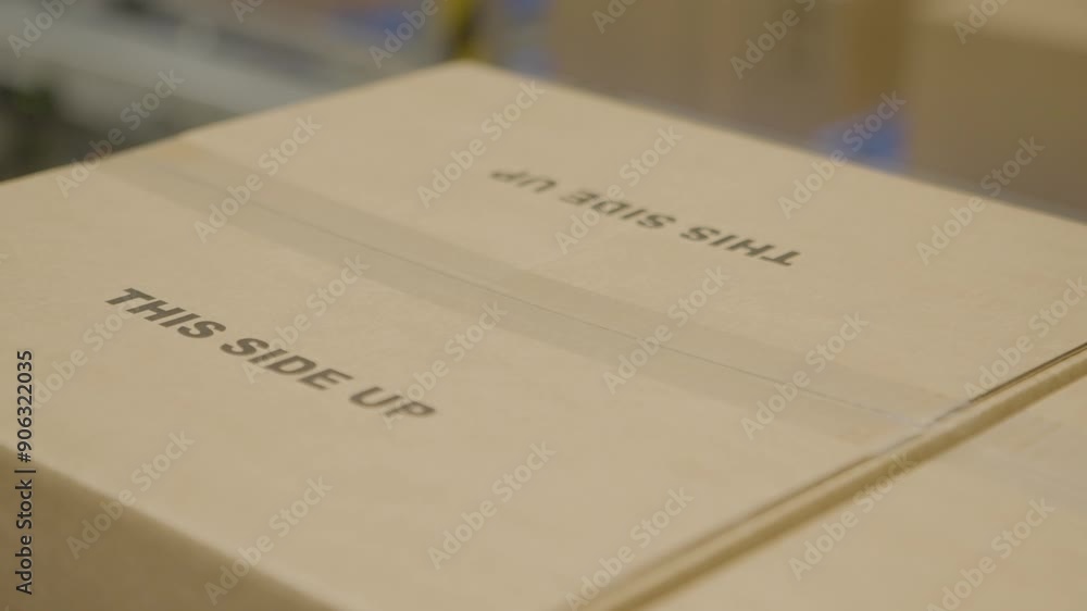 Close-up of a cardboard box with "This Side Up" label, ready for ...