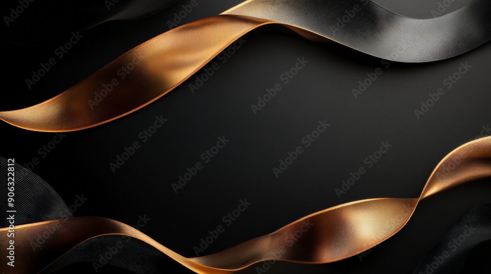 A matte black background with gold ribbon accents. The flowing gold ...