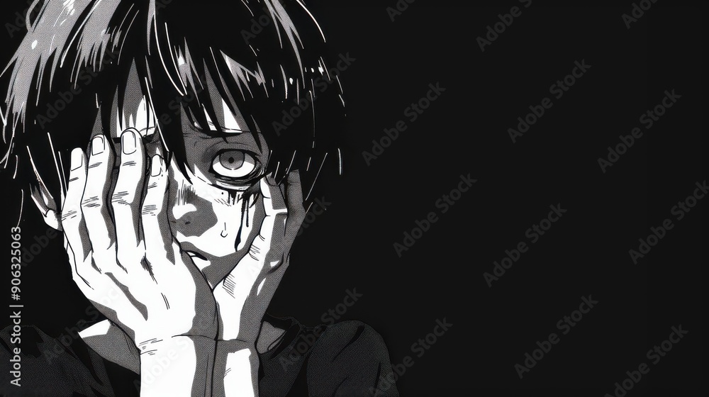 Manga panel of a boy character with an embarrassed look, eyes downcast ...