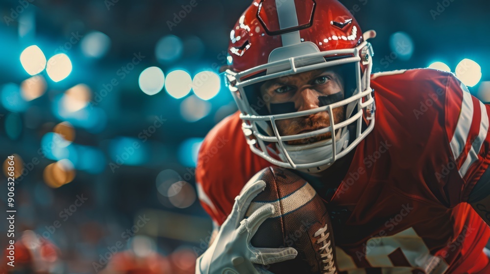 Powerful football player in full helmet and gear running with ball on ...