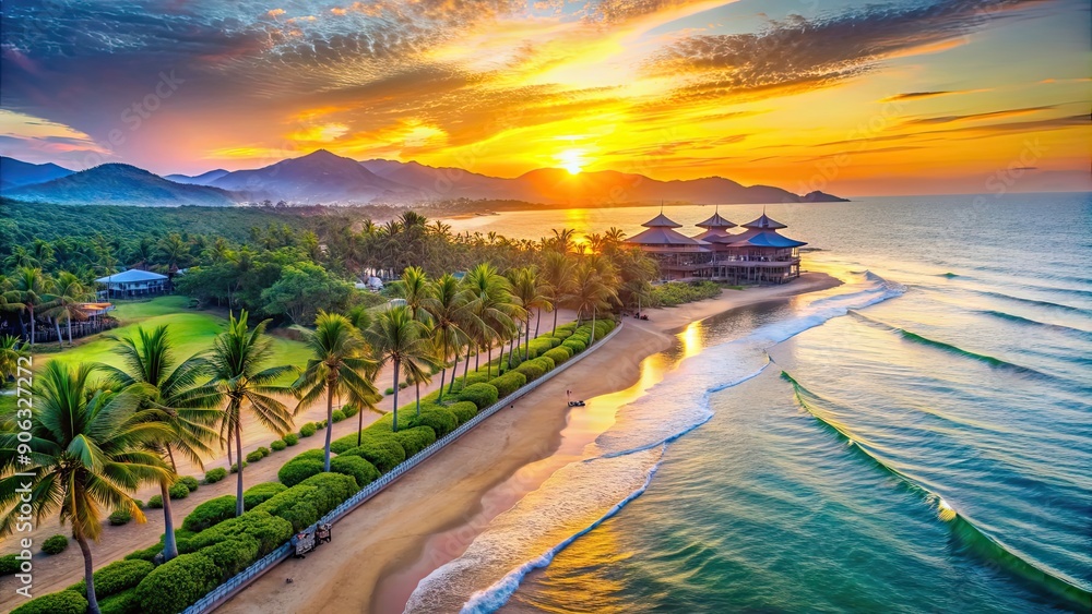 Seaside resort scenery of Lingaojiao during sunrise in Hainan Island ...