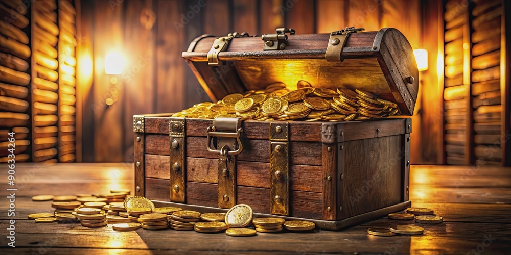 Golden treasure chest found in rustic tavern, filled with riches and ...