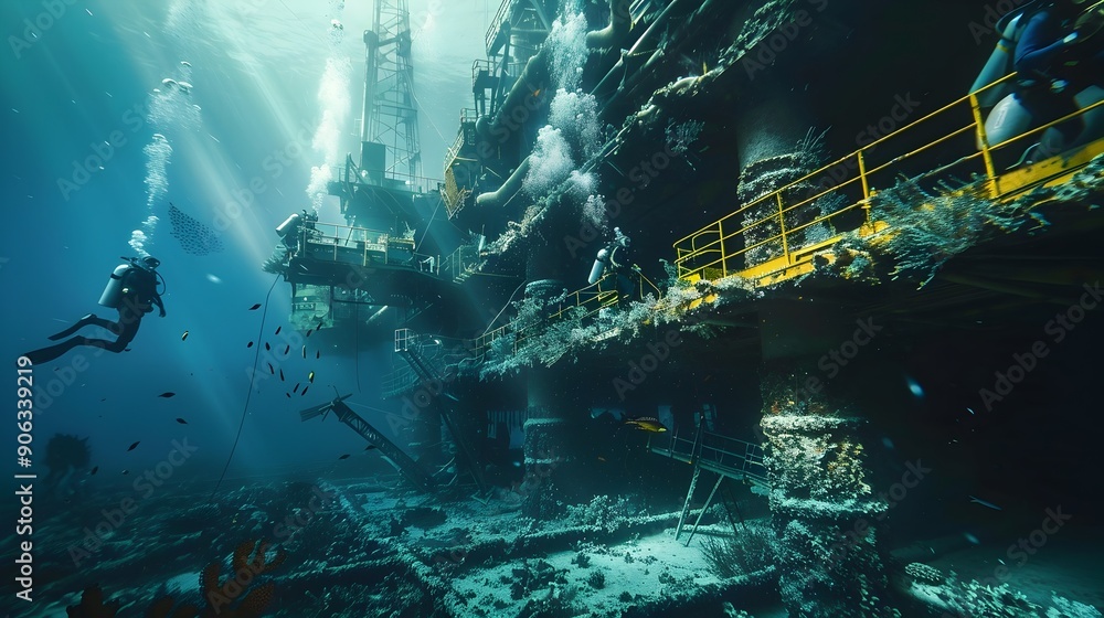Underwater Inspection of Massive Offshore Oil Rig with Divers and ...