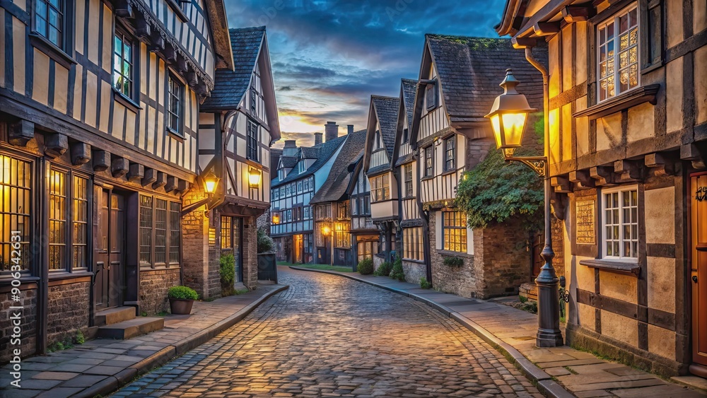 Medieval old town street lined with cobblestones, timber-framed ...