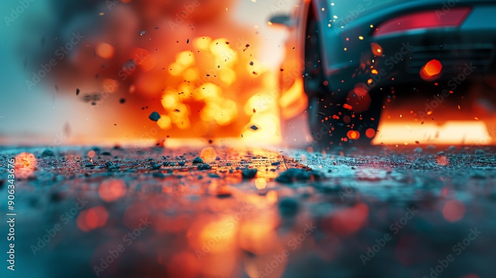 Automobile crash with extreme heat, nocturnal ambiance creating a vivid ...