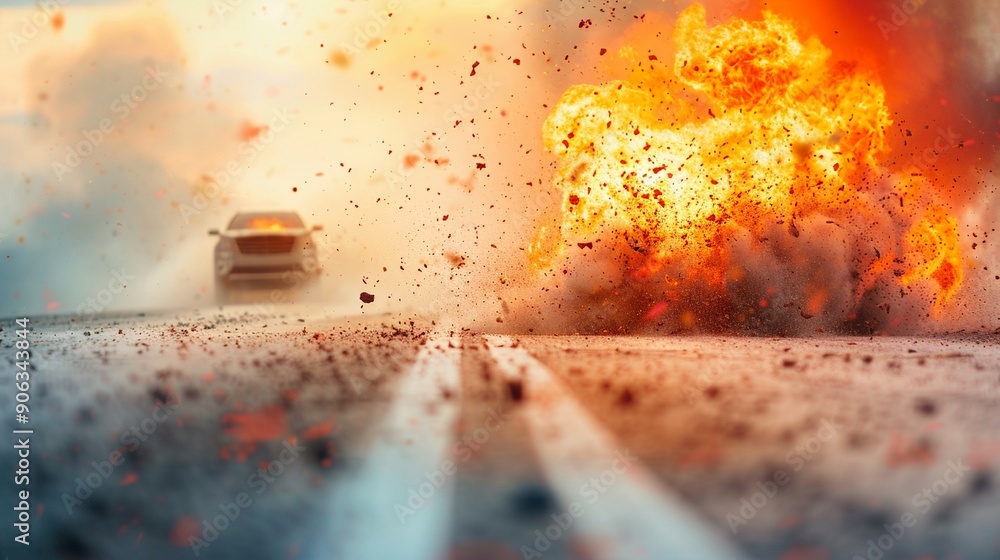 Intense inferno from a car crash, dusk setting creating a dramatic and ...