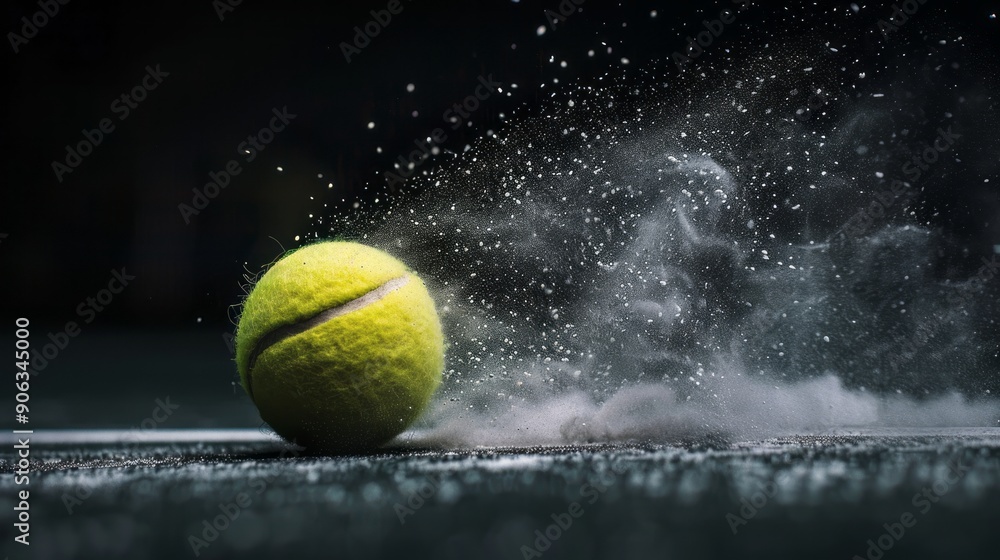 Close-up of a tennis ball impacting black background with chalk dust ...