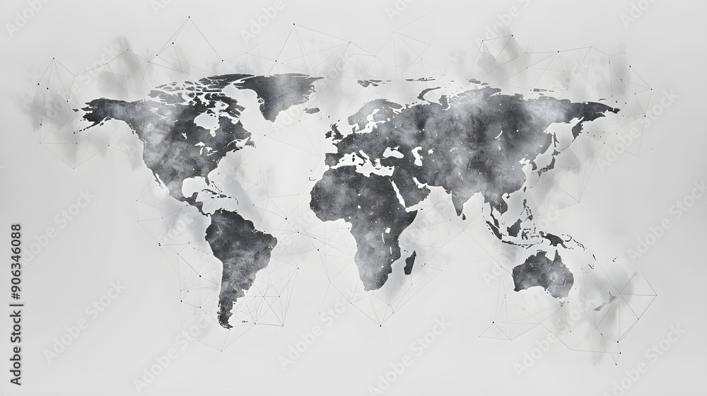 A grayscale world map, minimalist yet detailed, portraying global ...