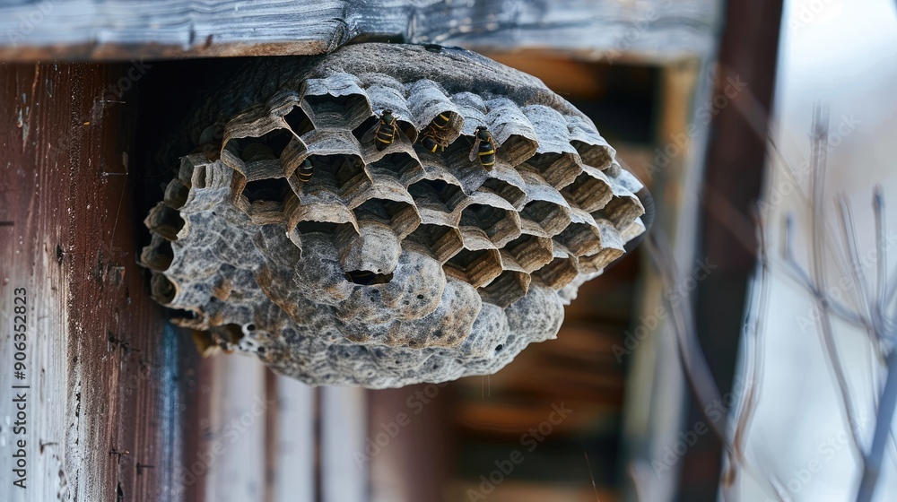 A large wasp hornet s nest is attached to the eave of a house The grey ...