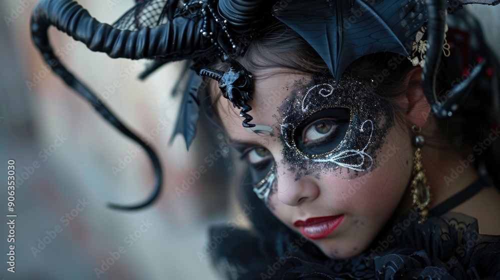 doe eyed Latina girl of twelve at masquerade party in a dark gothic ...