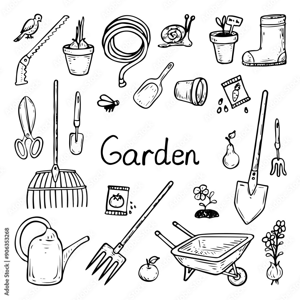 Gardener tools set hand drawn in doodle style. Hobby gardening. Items ...