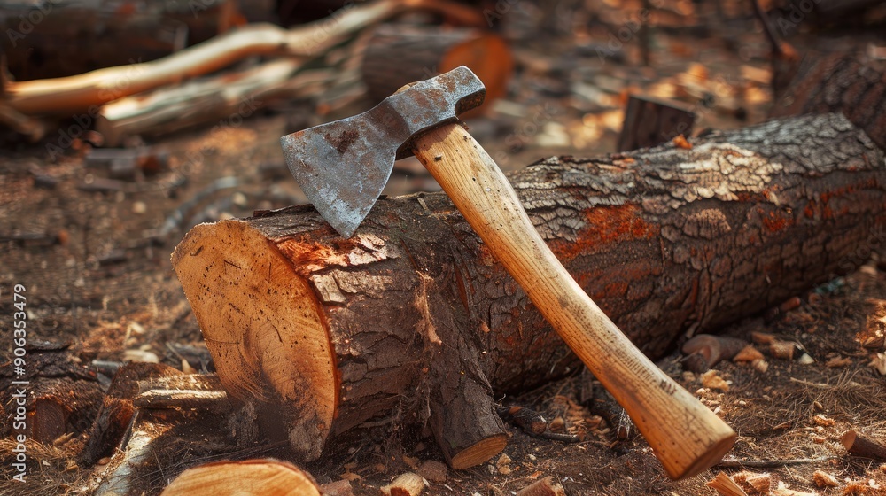 Old heavy ax tool impaled in log and fragments of alder wood behind it ...