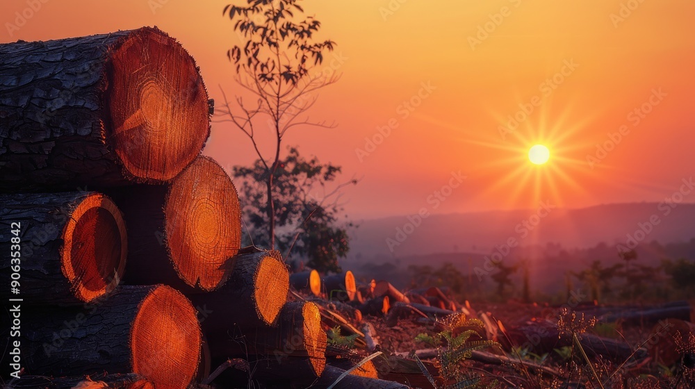 Felled tree against the sunset Cutting trees at forests area Stacks of ...