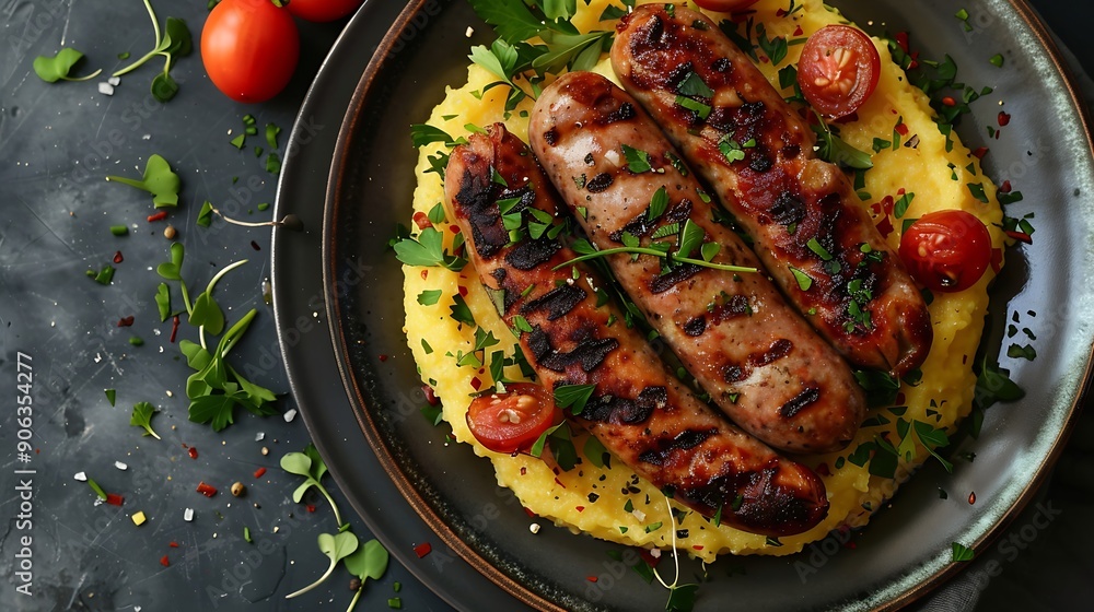 Modern style traditional Italian polenta alla sarda con salsiccia with ...