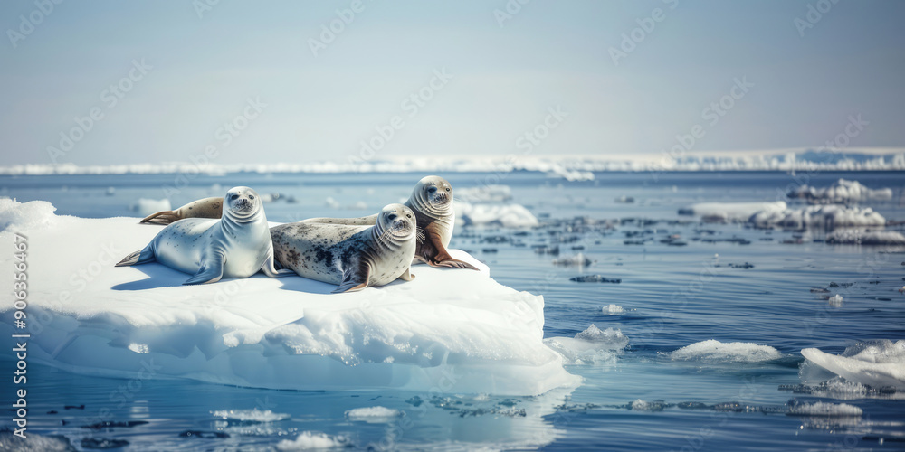 Group of seals on an icy floe in the Arctic, showcasing the pristine ...