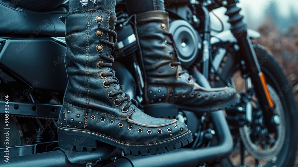 Studded biker boots placed on a motorcycle seat, highlighting their ...