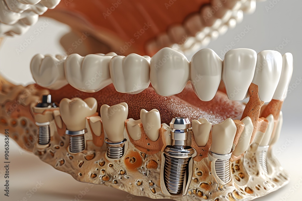 Detailed Model of Dental Implants and Natural Teeth Structure Stock ...