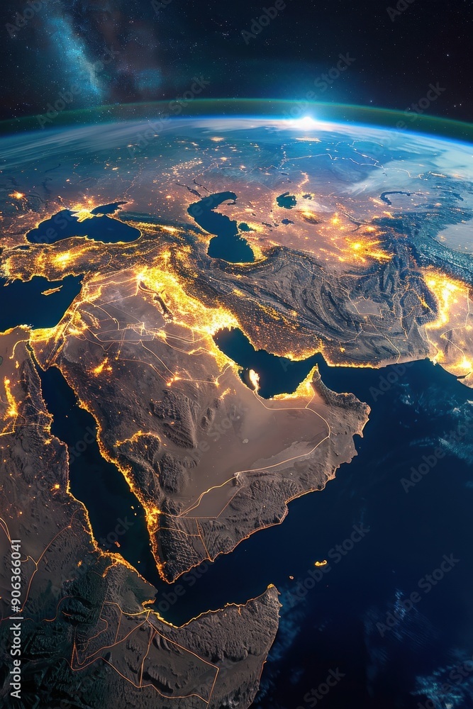 Middle East illuminated at night in stunning space view Stock Photo ...