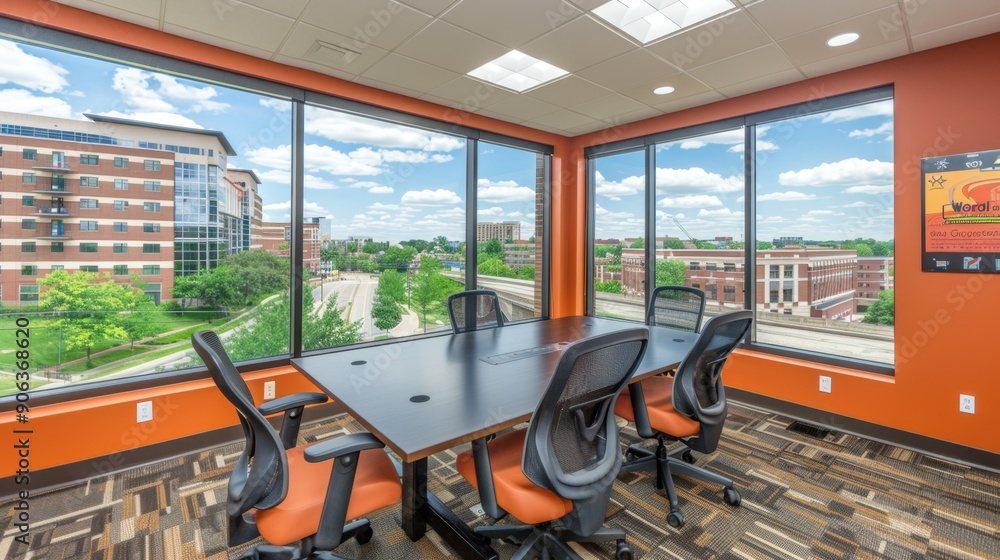 Modern office conference room with large windows offering scenic views ...