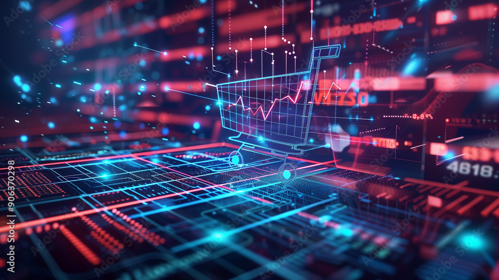 E-commerce metrics futuristic shopping cart background for online ...