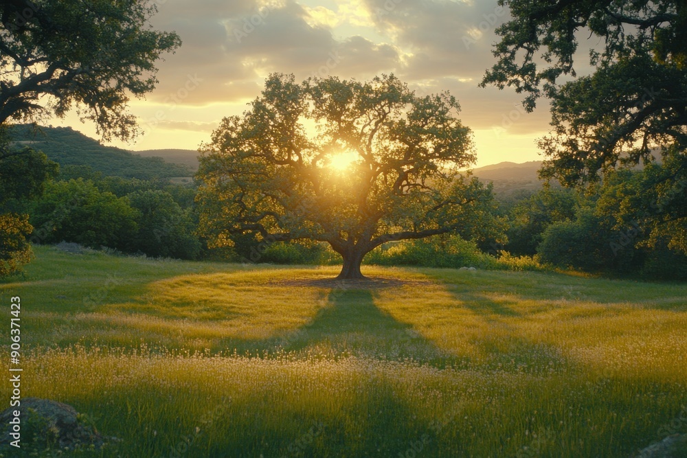 Sunrise streaming through a majestic oak tree creating a vivid and ...