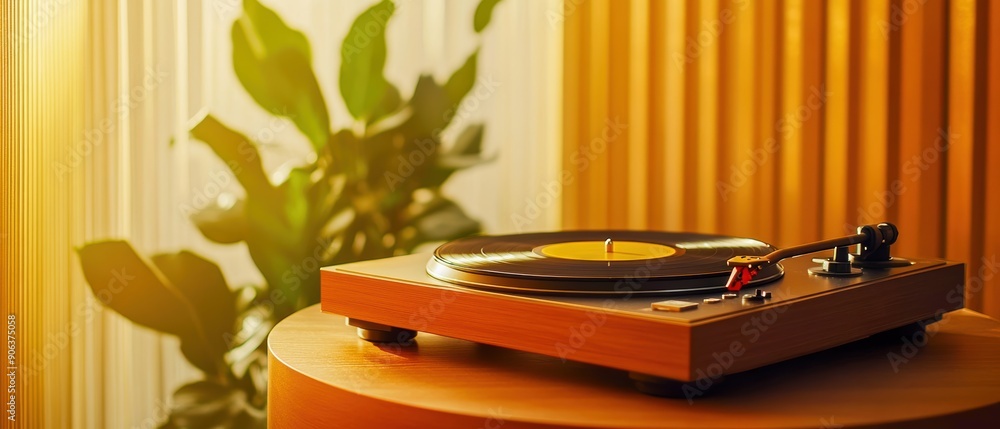 Cozy room with a vintage turntable and vinyl records, warm lighting, lo ...