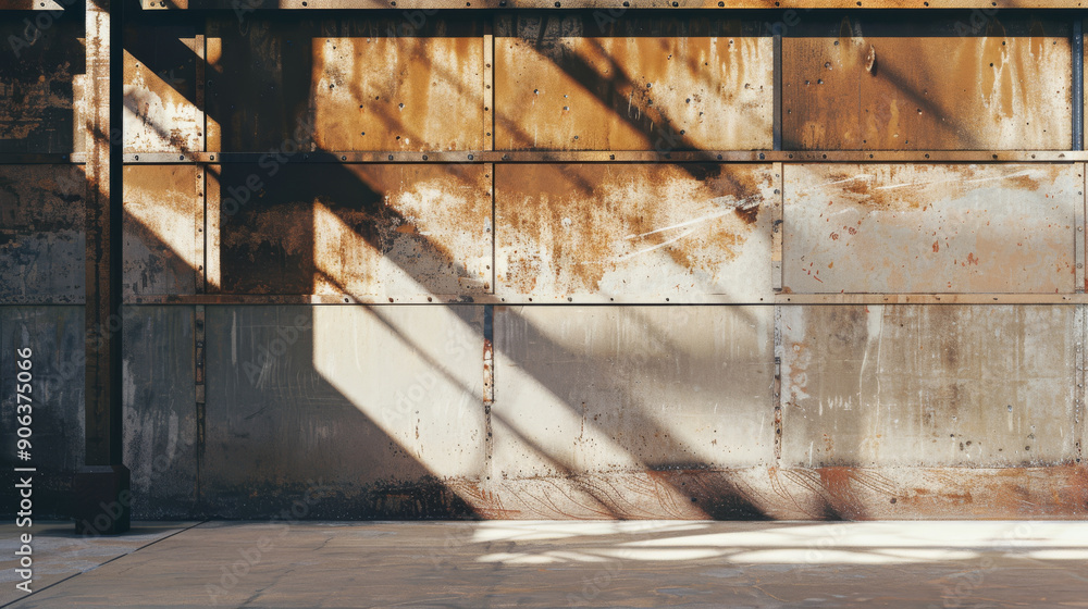 Sunlight casting shadows on a weathered, rusted metal wall, creating an ...