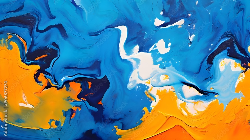 Abstract Prussian blue, orange, and mustard spray evokes meditation on ...