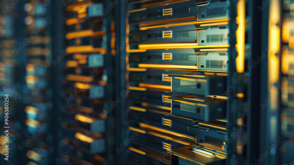Rows of servers in a data center bathed in cool and warm lighting ...