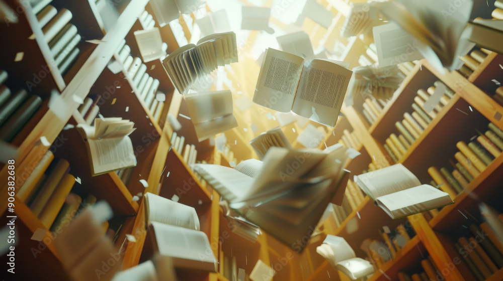 Books float mysteriously in the air amid golden light in a vast library ...
