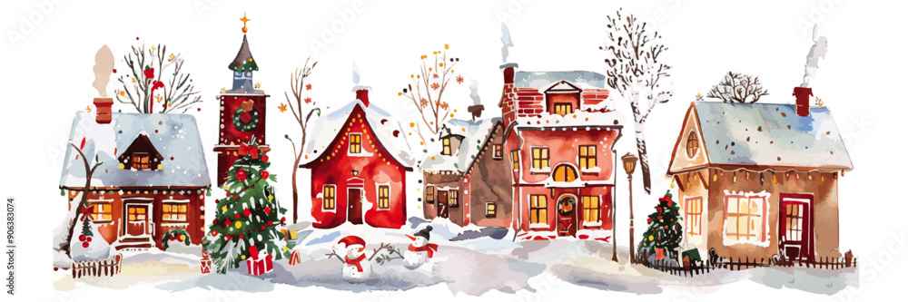 Charming watercolor painting of a winter village adorned with snow ...