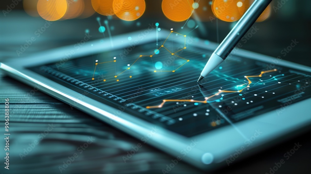Digital tablet displaying a graph with a stylus pen interacting with ...