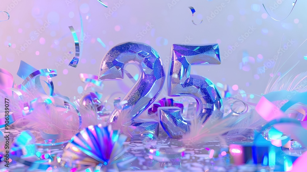 Holographic numbers "25" surrounded by colorful confetti, feathers, and ...