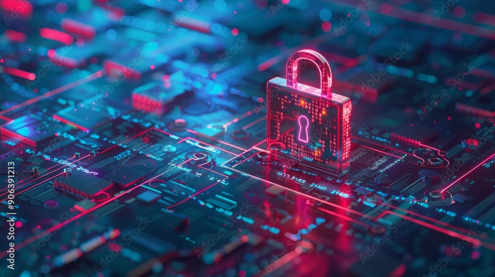 Cyber security concept. Lock, key hole on pink digital pattern ...