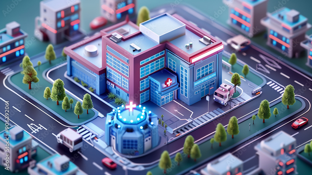 Isometric smart hospital building depicting a technologically advanced ...
