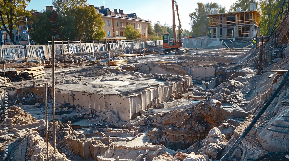 Construction site with concrete foundation and drainage system being ...