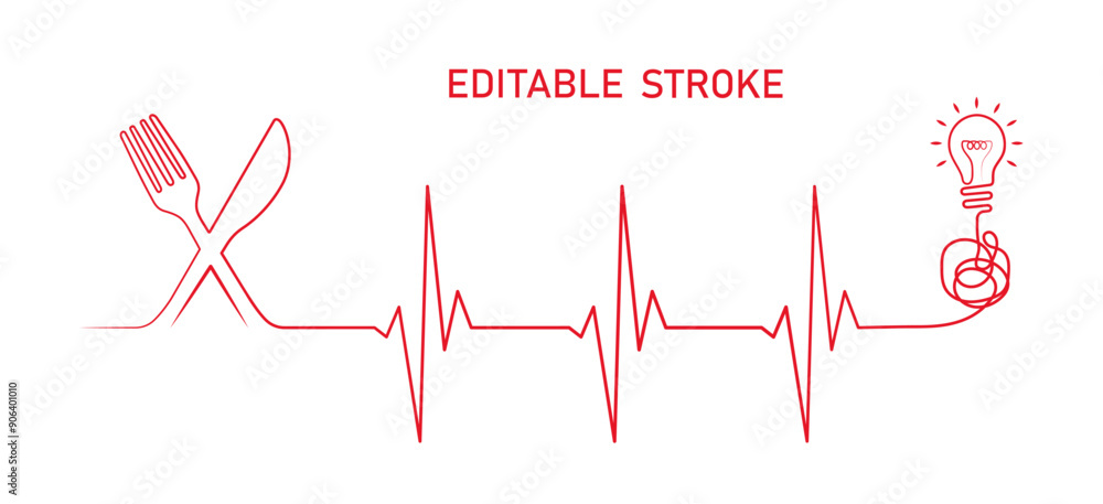 Editable lines heart rhythm illustration with fork, knife and lightbulb ...