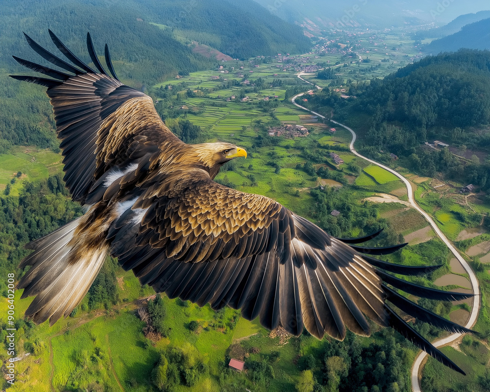 From a bird's-eye view, a powerful eagle dominates the scene, its wings ...