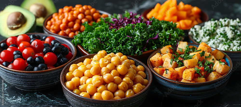 Balanced meal plan featuring a variety of healthy foods demonstrating ...