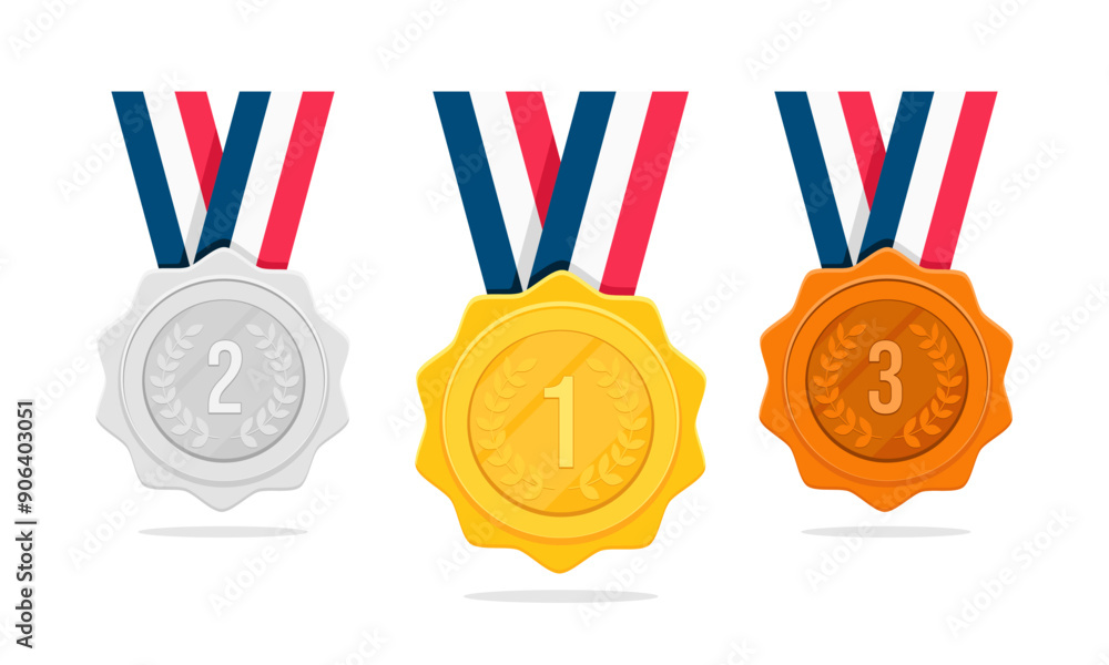 Awards medals flat design. Gold, silver, bronze medals with ribbon ...