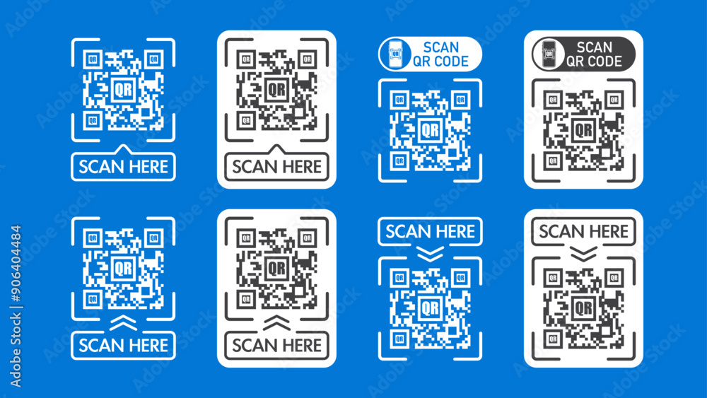 QR Code Scan Icons and Stickers for Mobile Payments, Apps, and Identification. Smartphone QR ...