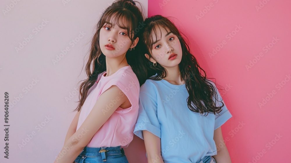 Ultra-clear image of two girls posing in front of a solid color ...