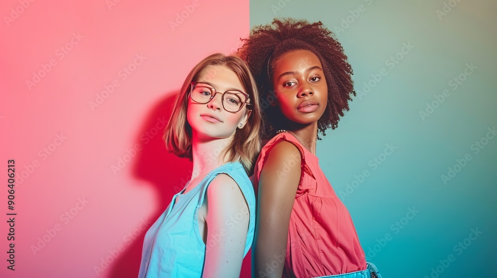 Ultra-clear image of two girls posing in front of a solid color ...
