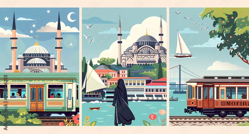 This bottom up vector poster set of Istanbul has three vertical panels ...